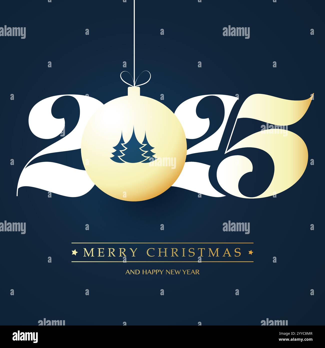 Golden Merry Christmas and Happy New Year Greeting Card with Pine Trees ...