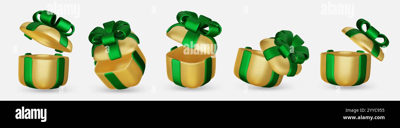 Set of realistic 3d render gift boxes. Gold gift box with green bow and ...