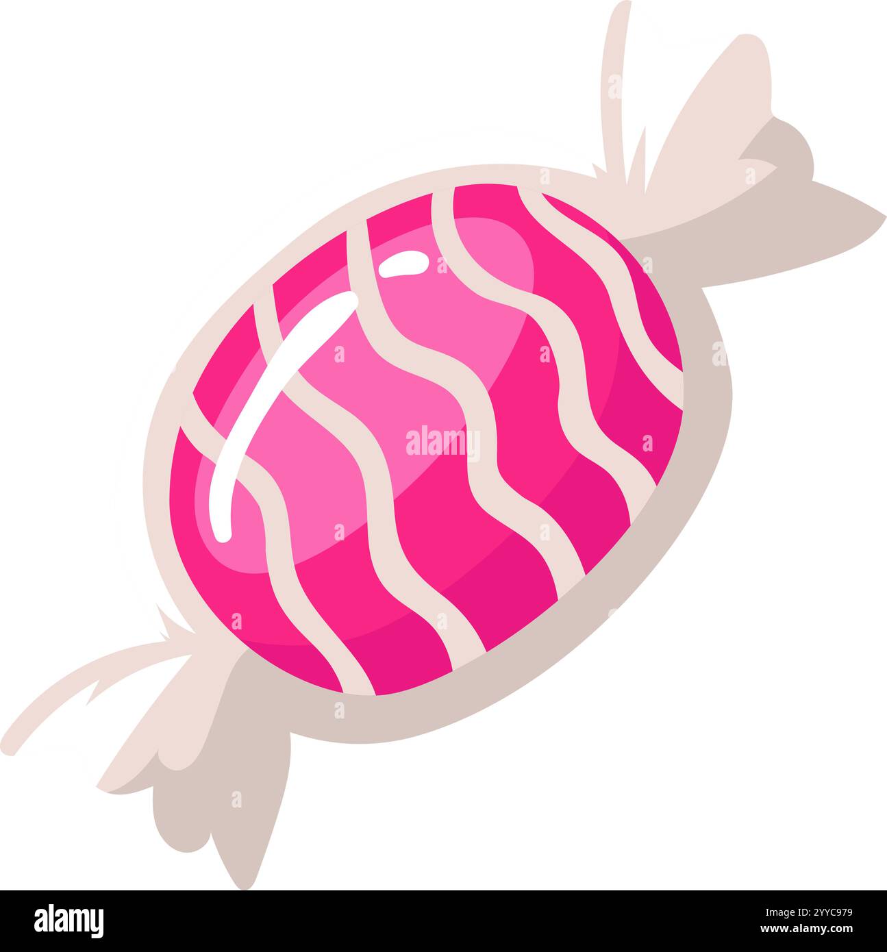 Shiny pink round candy with decorative white stripes wrapped in light ...