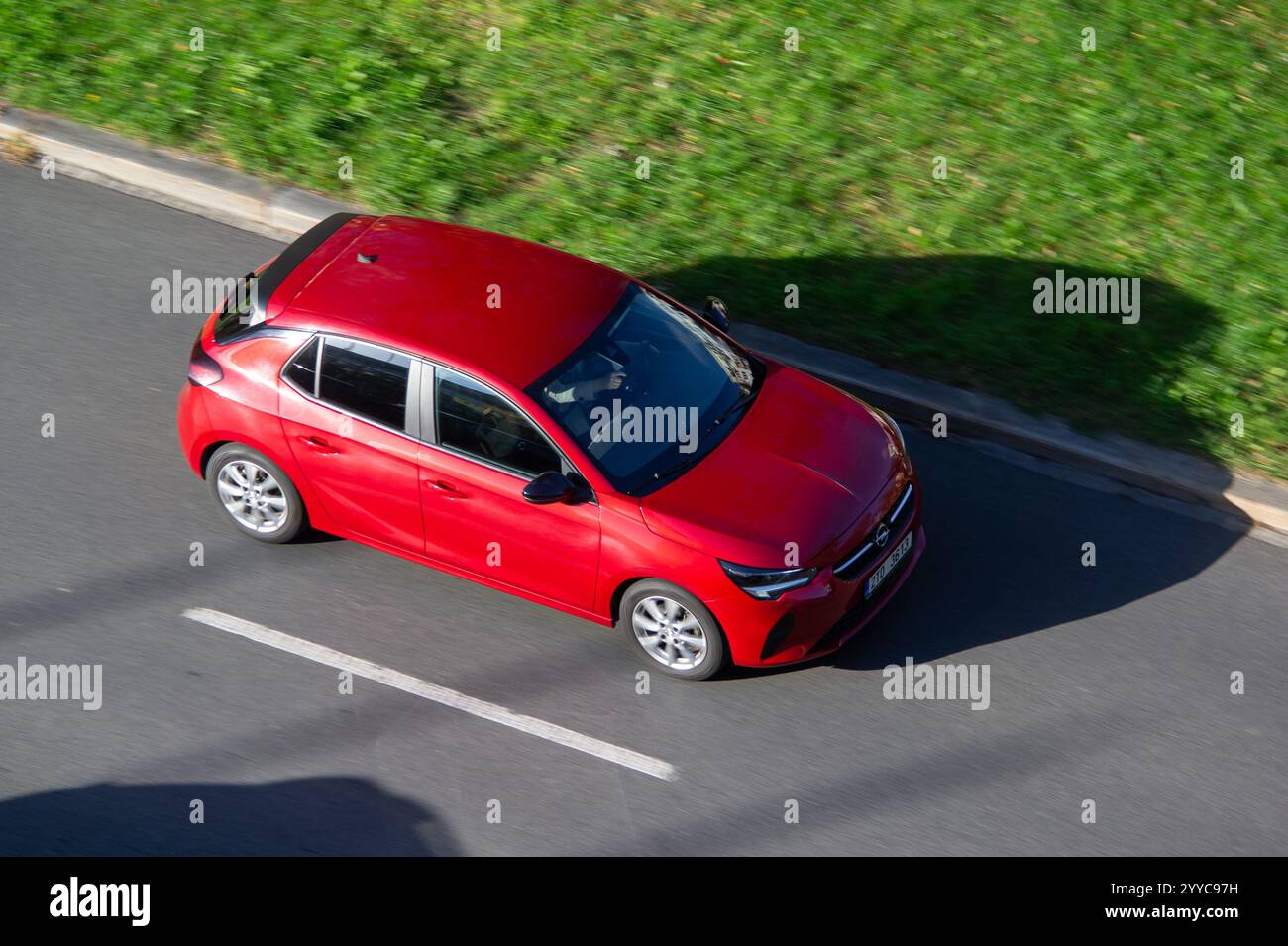 OSTRAVA, CZECHIA - OCTOBER 1, 2024: Red Opel Corsa F small hatchback ...