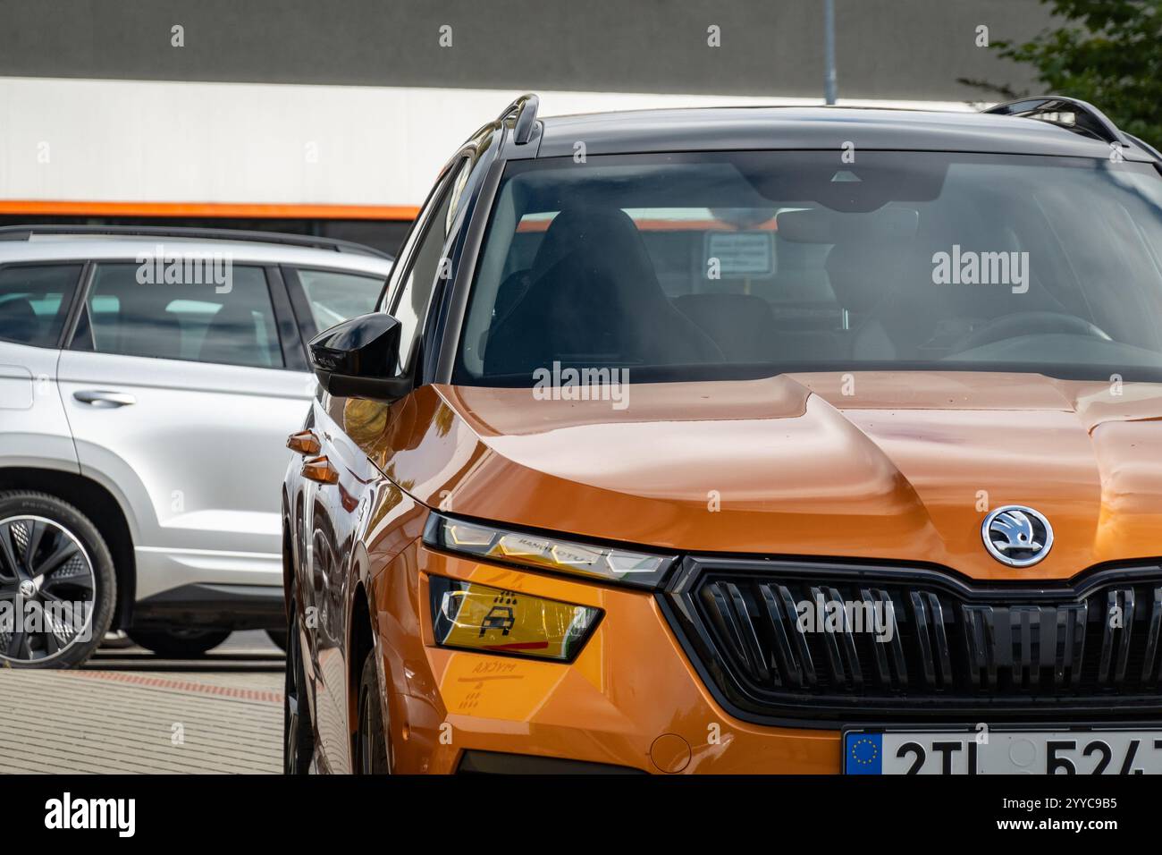 HAVIROV, CZECH REPUBLIC - OCTOBER 6, 2023: Detail of orange Skoda Kamiq ...