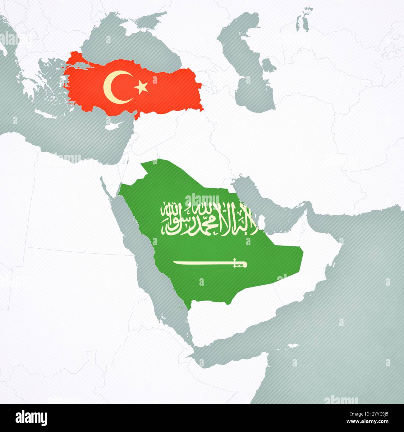 Saudi Arabia and Turkey colored with the flag on the map of Middle East ...
