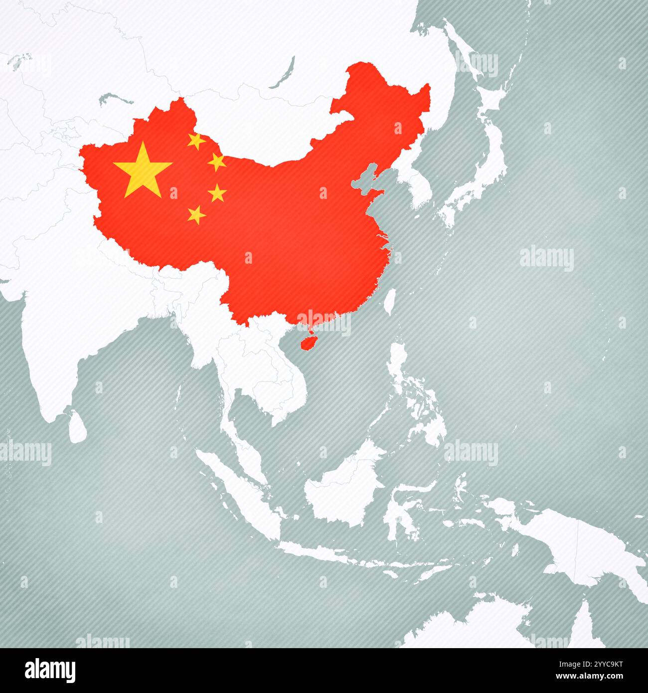 China colored with the flag on the map of East and Southeast Asia with ...