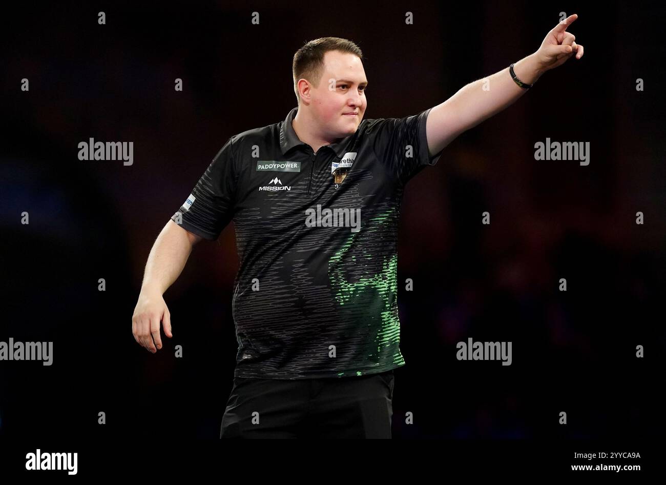 Rhys Griffin reacts during day seven of the Paddy Power World Darts ...