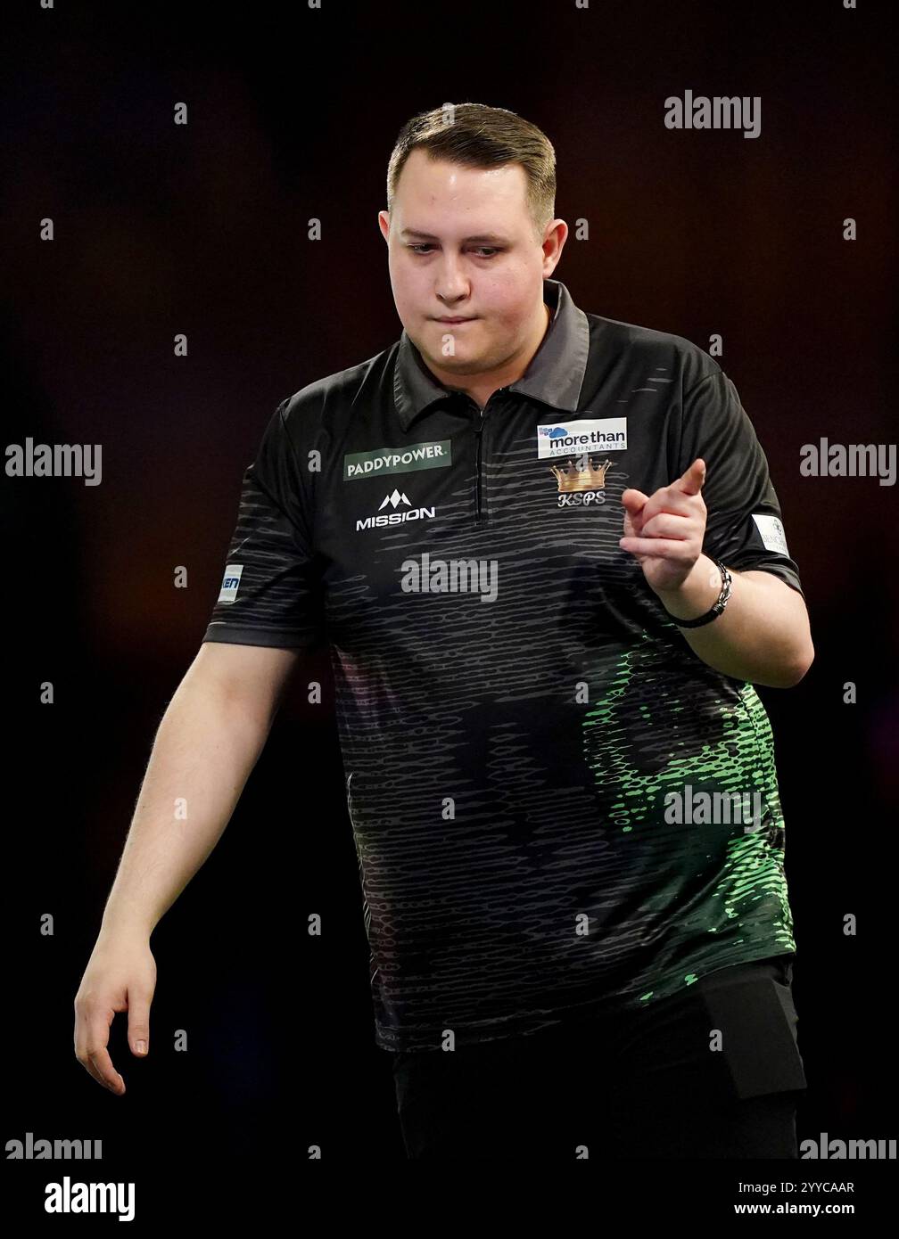 Rhys Griffin reacts during day seven of the Paddy Power World Darts ...