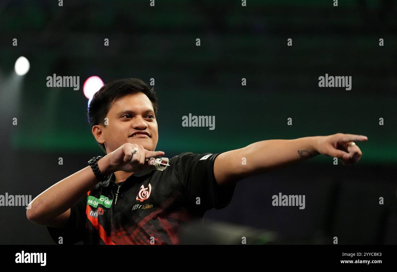 Alexis Toylo reacts during day seven of the Paddy Power World Darts ...
