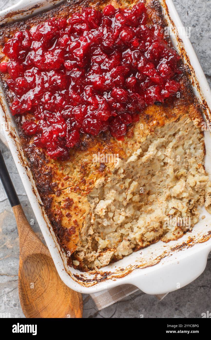 Finnish Beef Liver Bake Maksalaatikko with Cranberry sauce closeup on ...