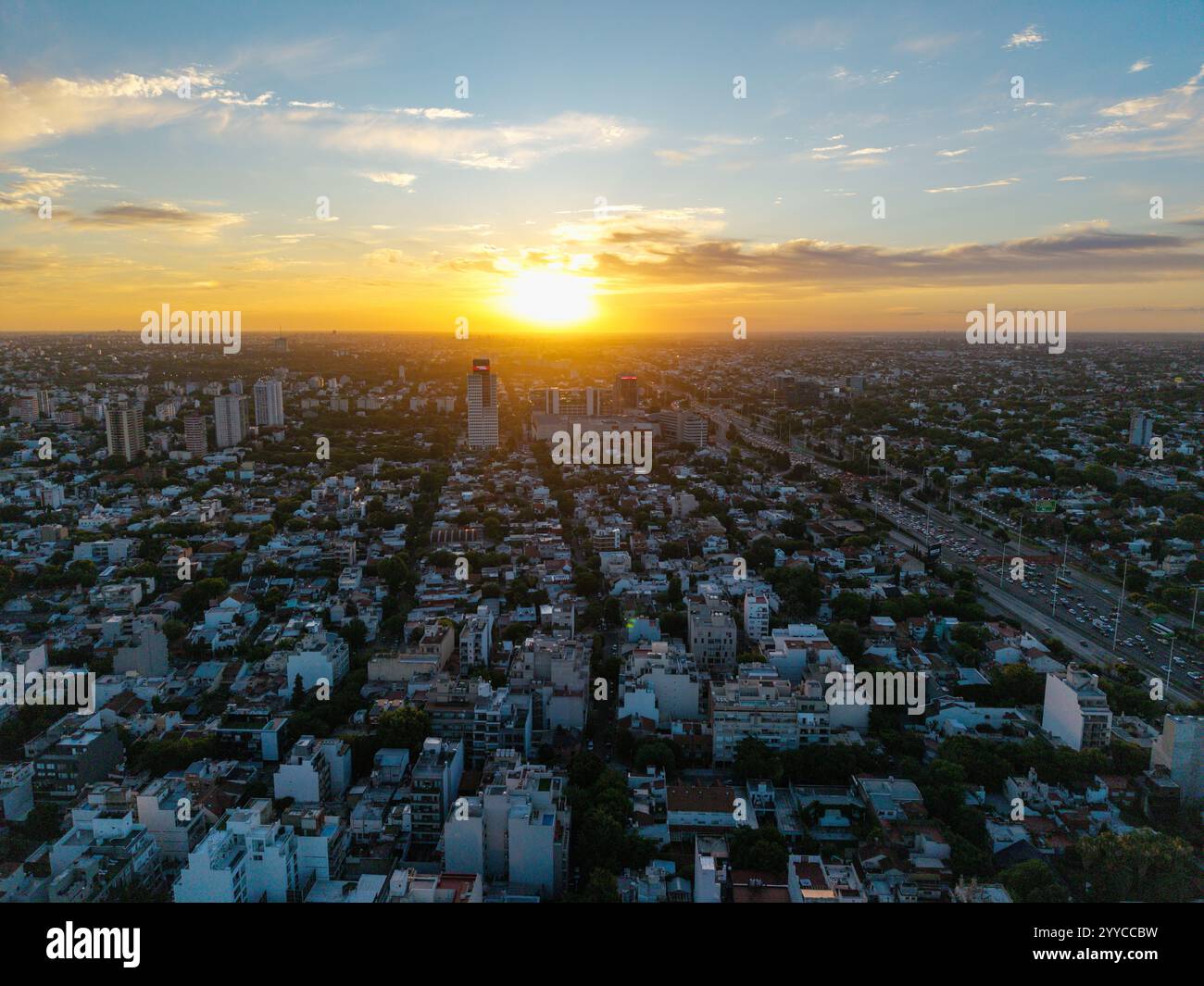 Aerial view of General Paz Avenue at sunset, in the city of Buenos ...