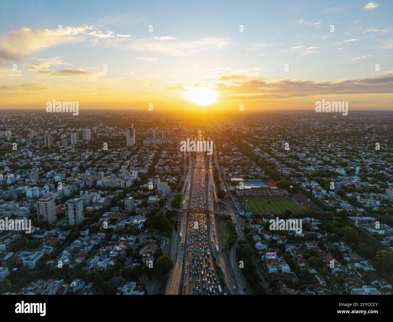Aerial view of General Paz Avenue at sunset, in the city of Buenos ...