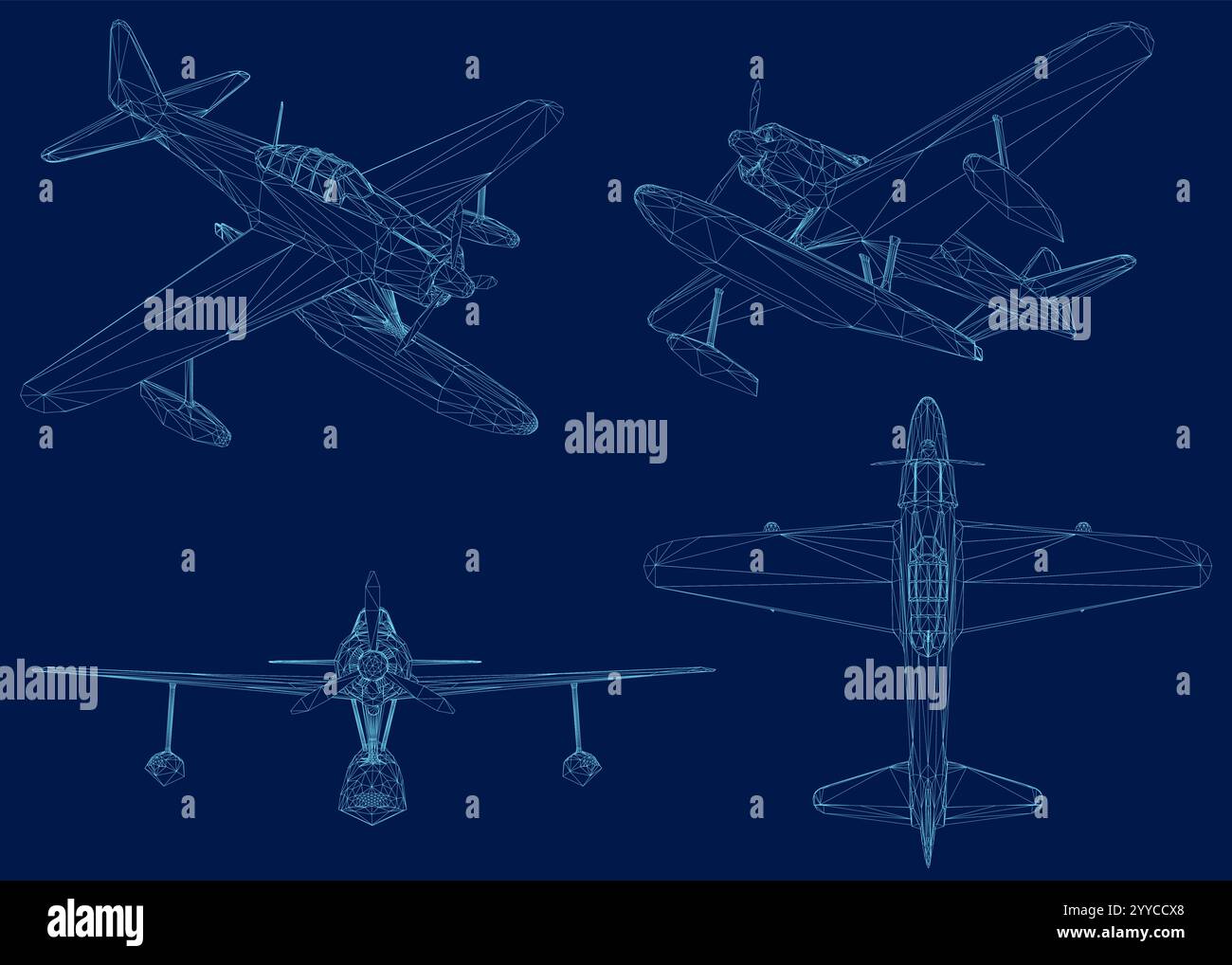Wireframe plane set vector illustration. Landing on water. 3D Stock ...