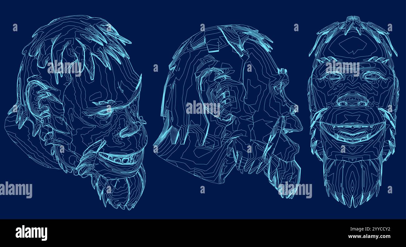 Neanderthal Man contour set, Front, side, isometric view. Vector ...