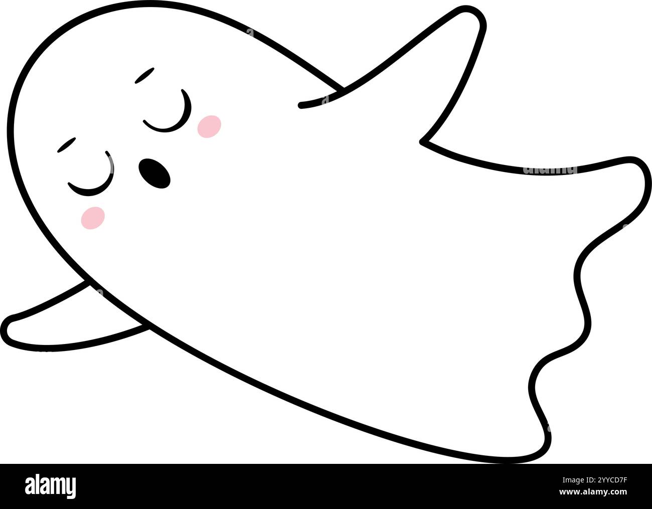 Cartoon illustration featuring a cute ghost floating gently with closed ...