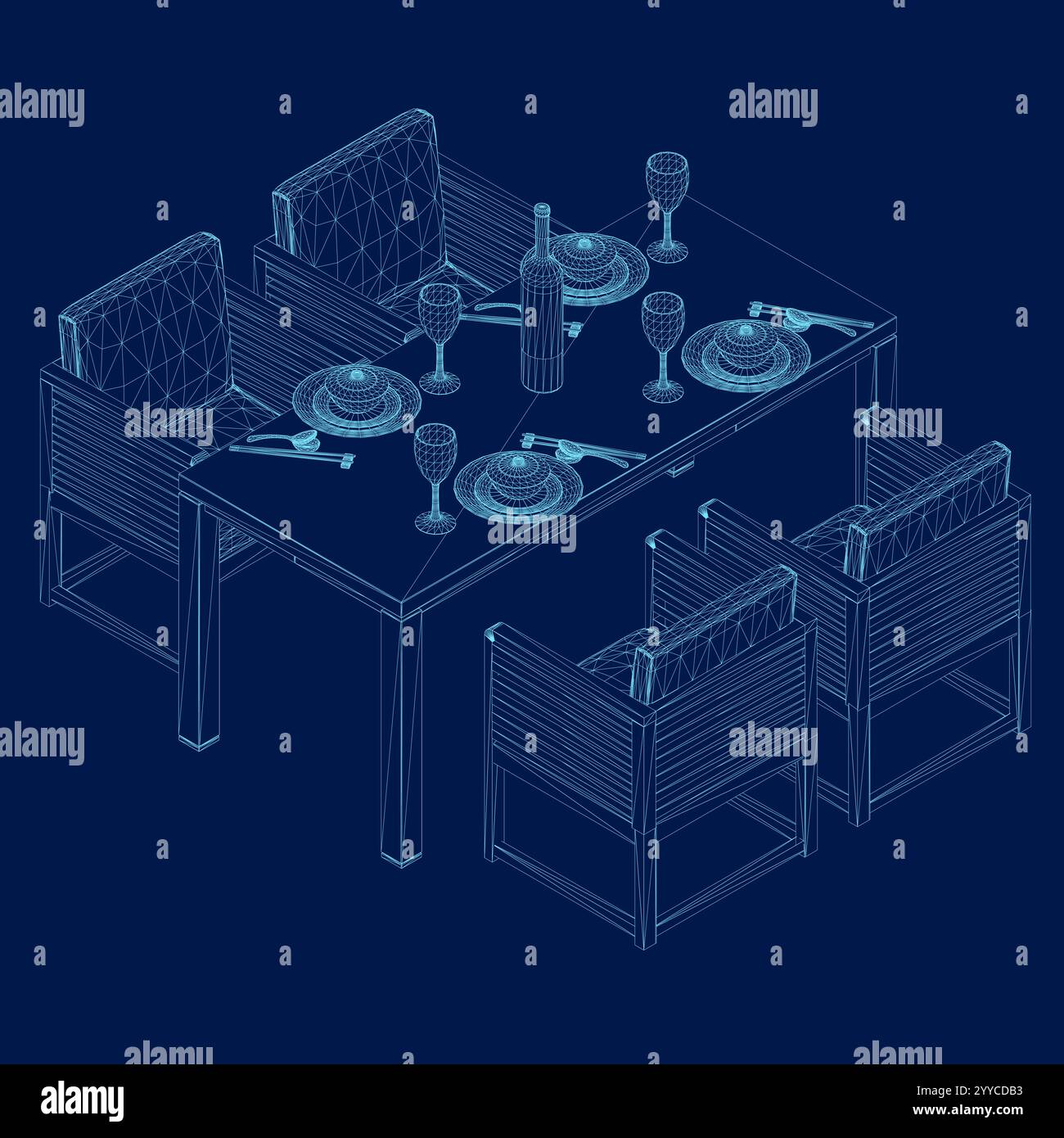 Wireframe Formal Table Setting. Isometric view. Vector illustration ...