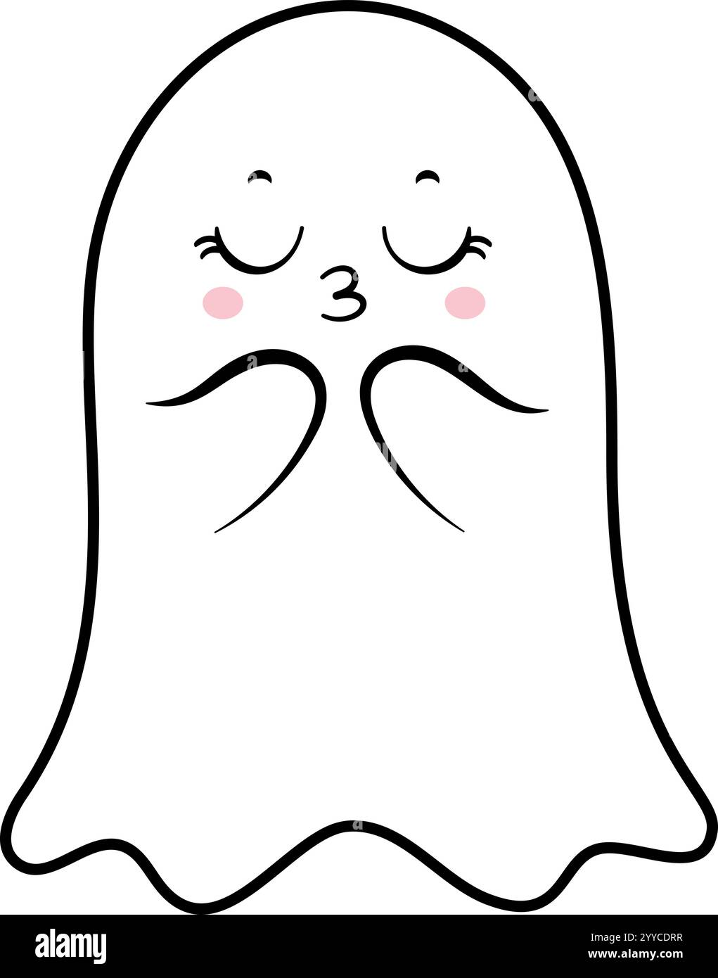 Cartoon ghost blowing a kiss with closed eyes and pink cheeks, simple ...