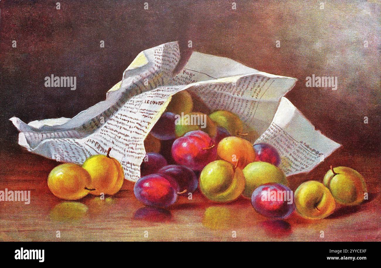 Vintage 1910-1920 postcard with still-life painting of red and green ...