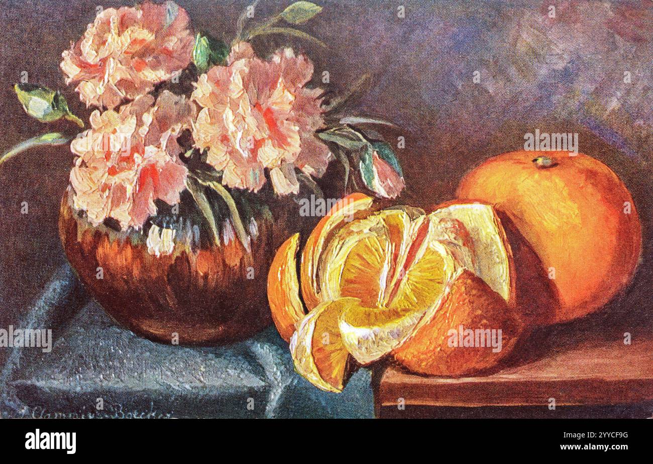 Vintage 1910-1920 postcard with still-life painting of tangerine fruits ...
