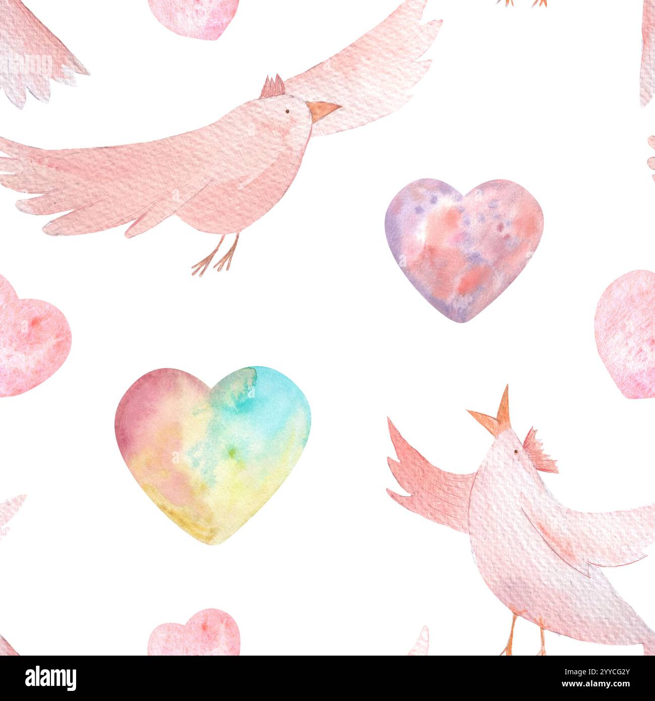 Birds flying, singing, and pink hearts, watercolor seamless pattern ...