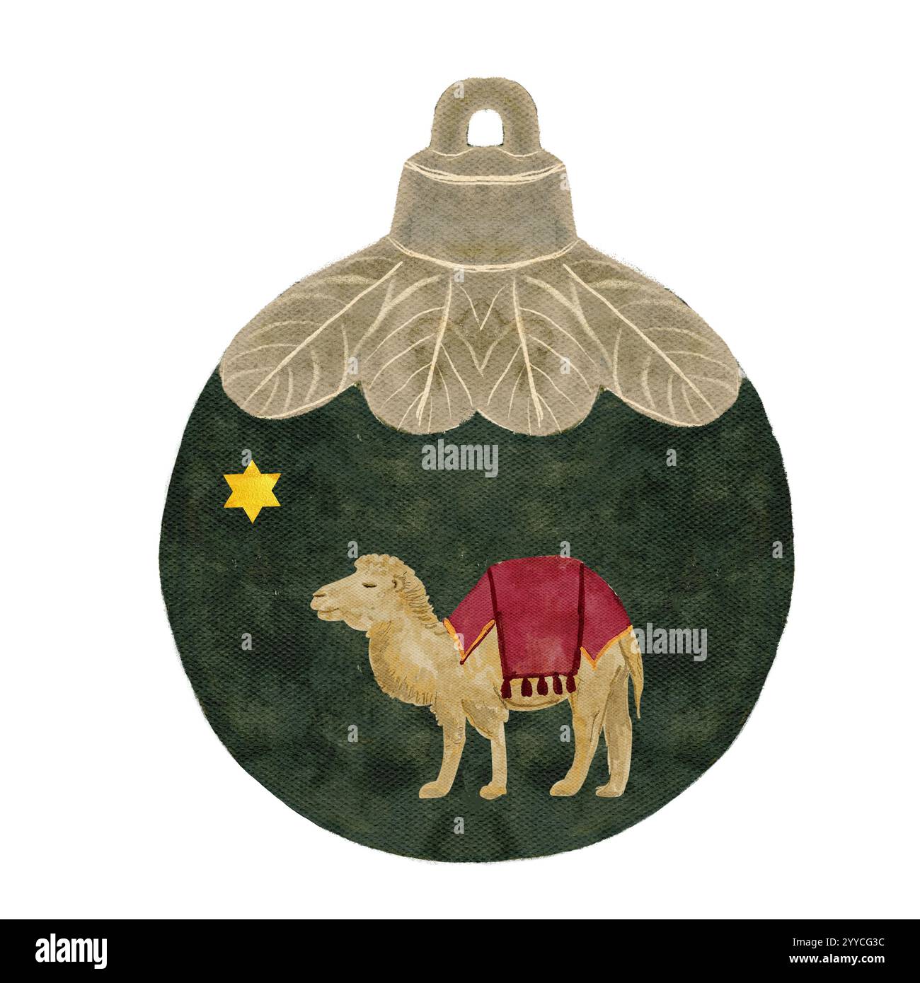 Christmas green tree ball with a star and a camel isolated on white in ...