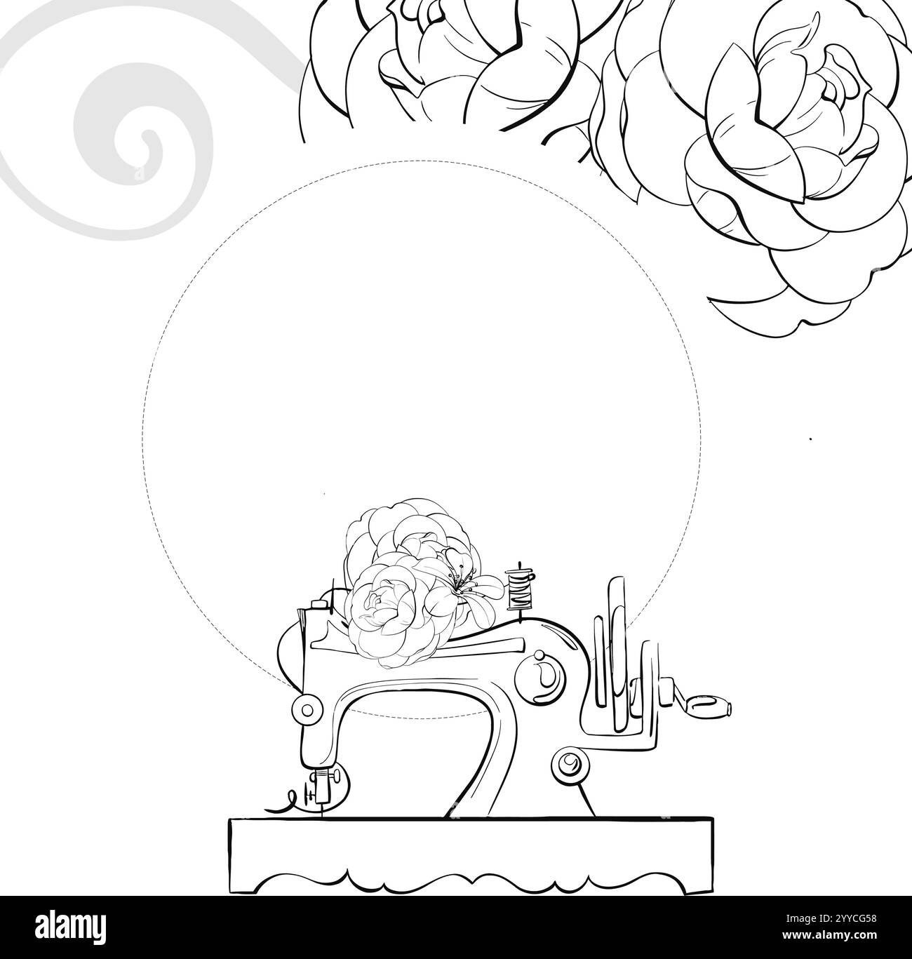 Vintage sewing machine template. Circle frame for design with flowers ...