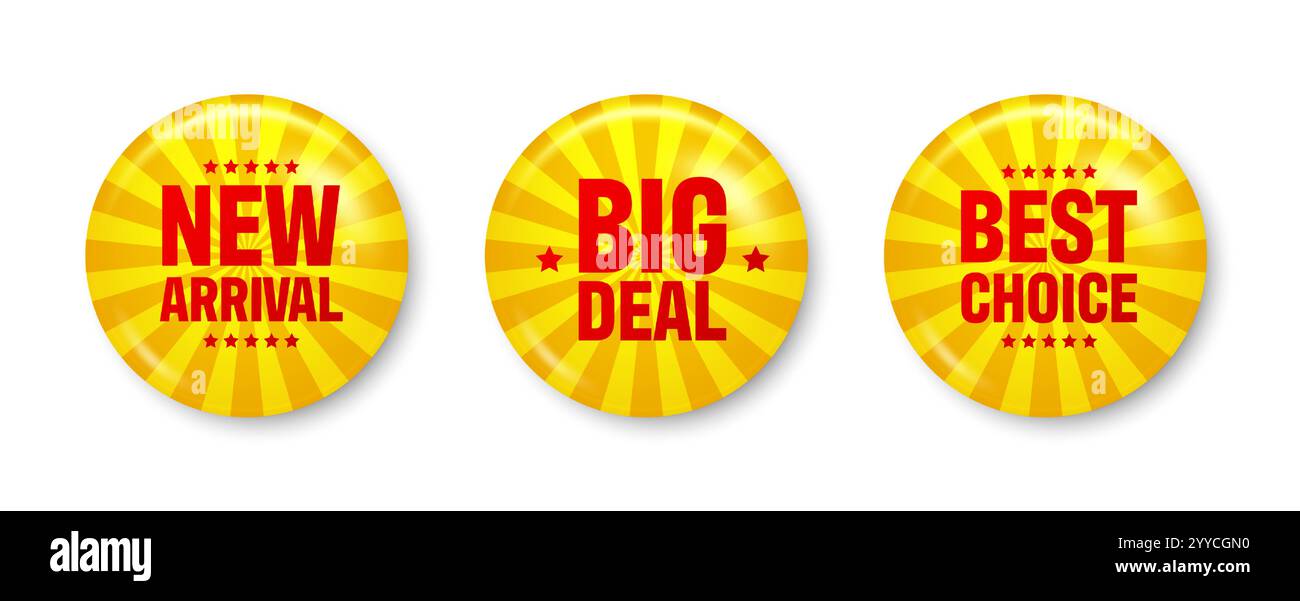 Realistic funky badges with text. Product promotion, sale. Special ...