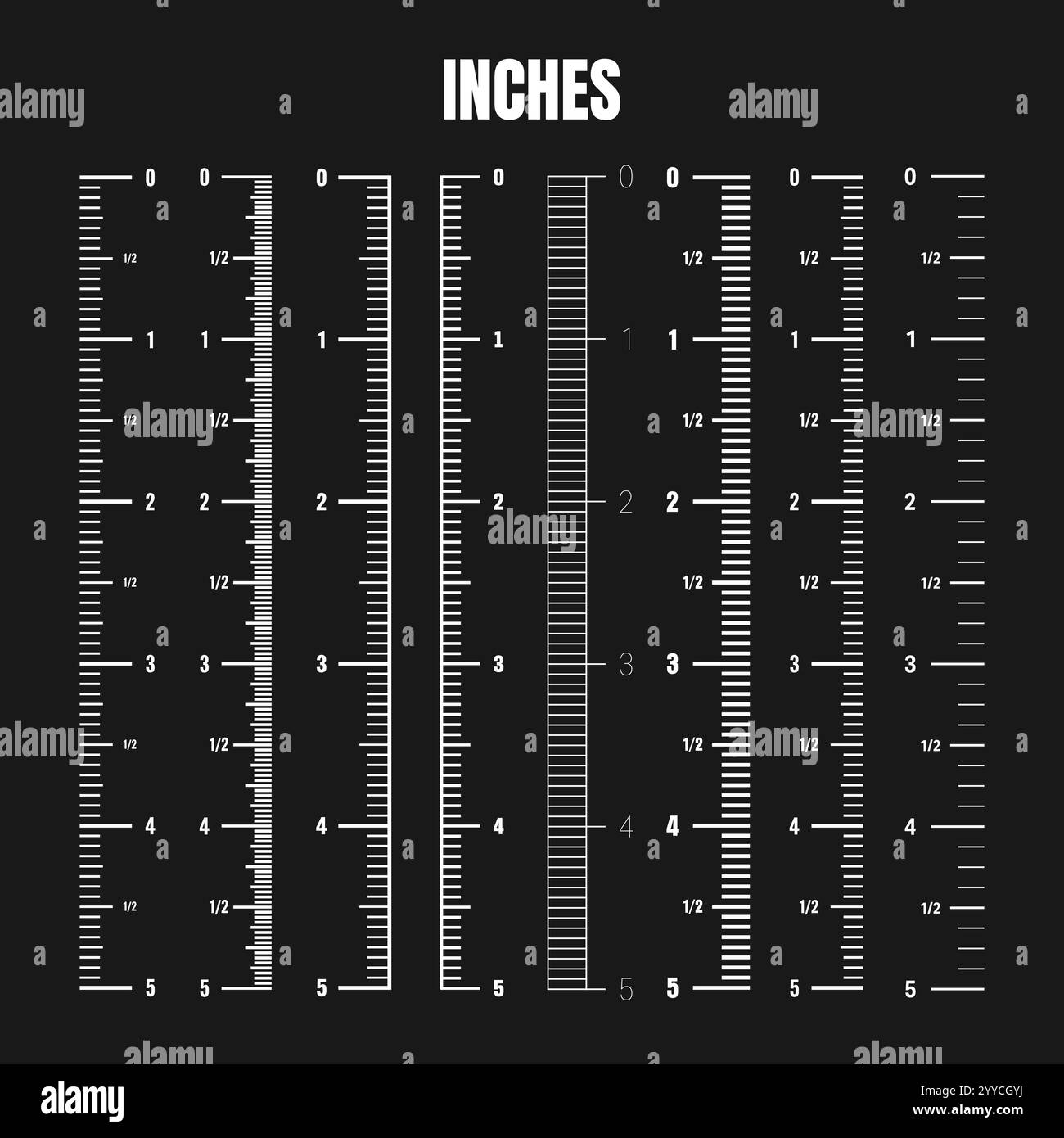Vertical inch scale for measuring length or height. Various measurement ...
