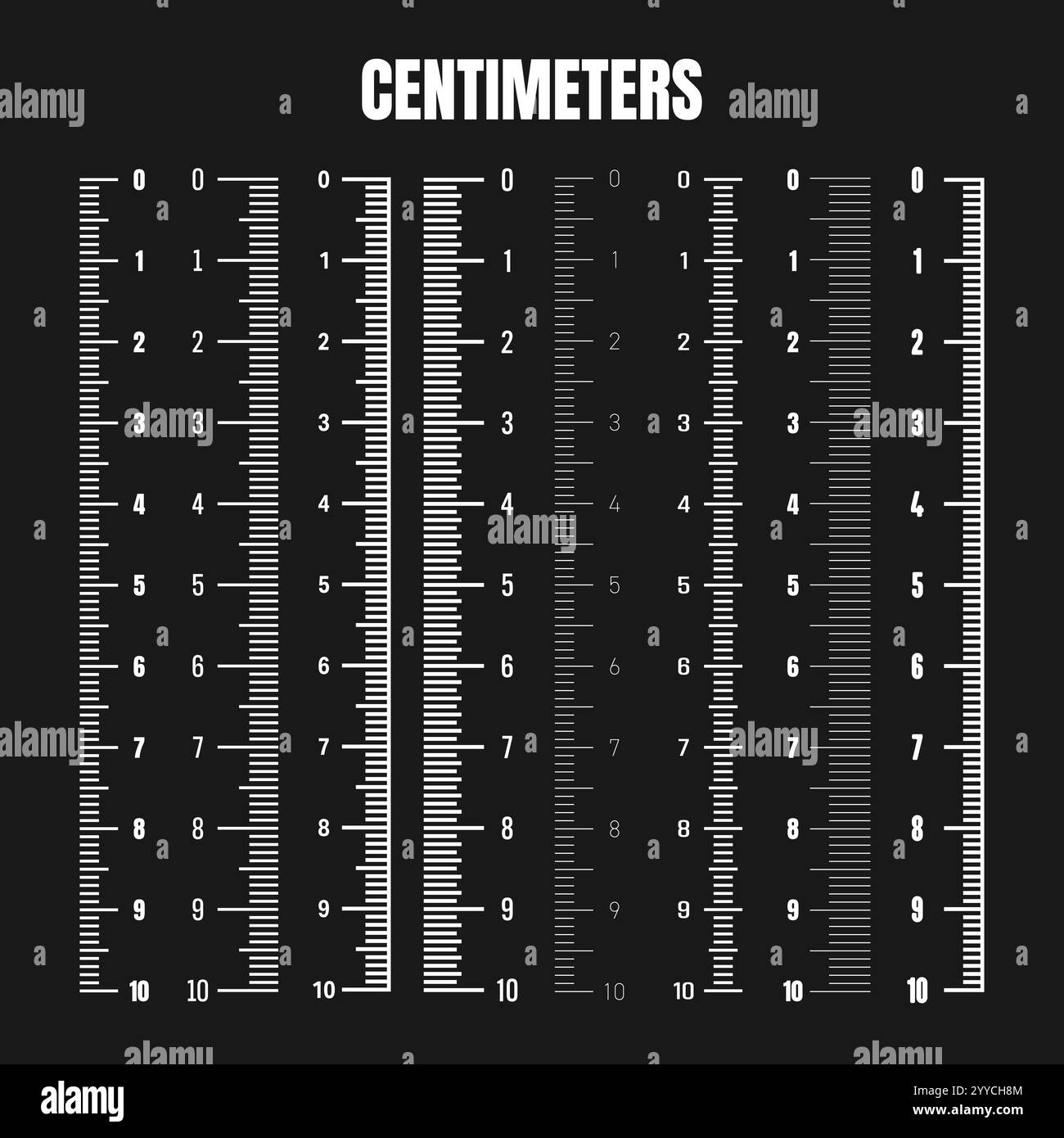 Vertical centimeter scale for measuring length or height. Various ...