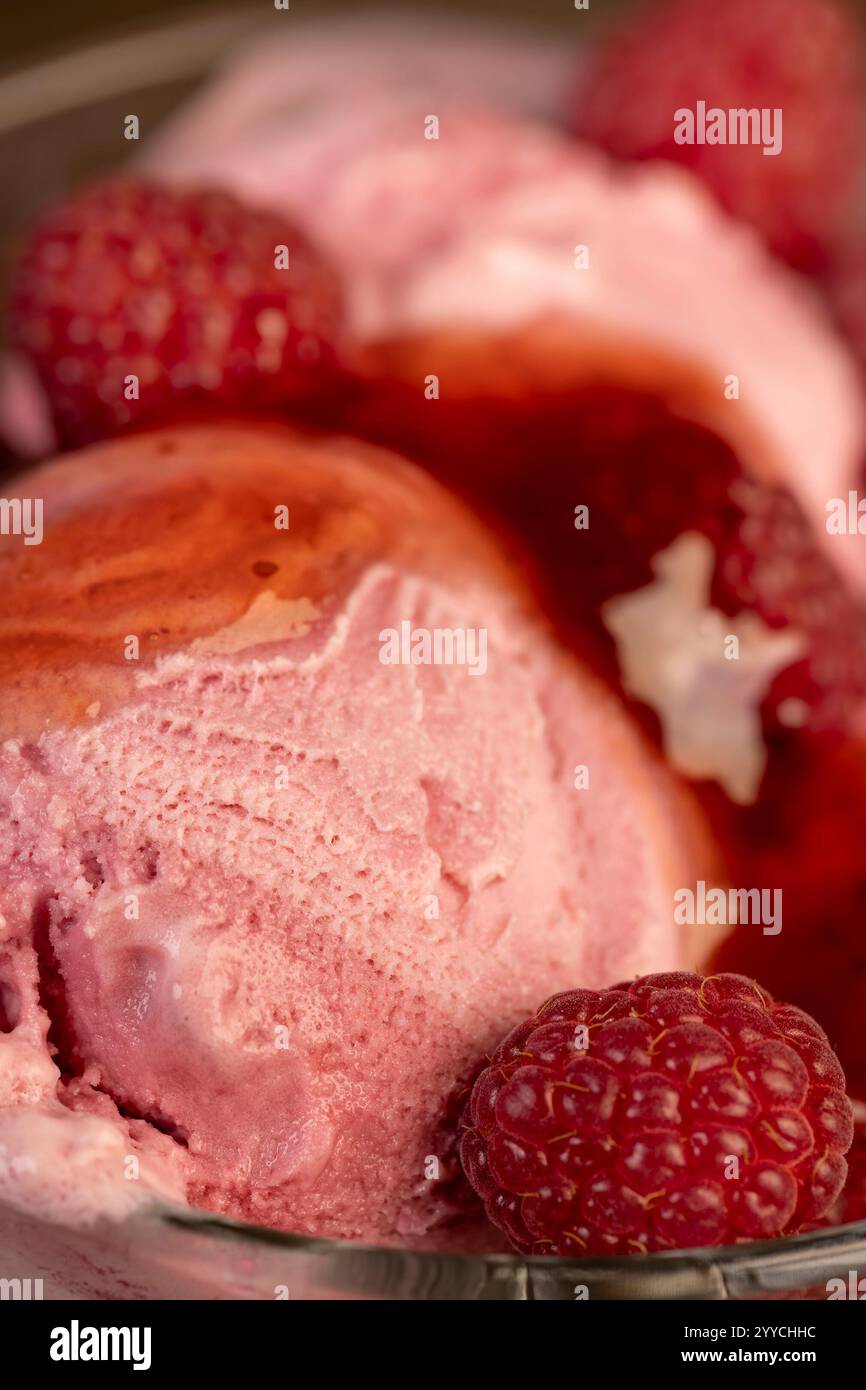 red ice cream in a glass bowl with raspberry jam, cold raspberry ...