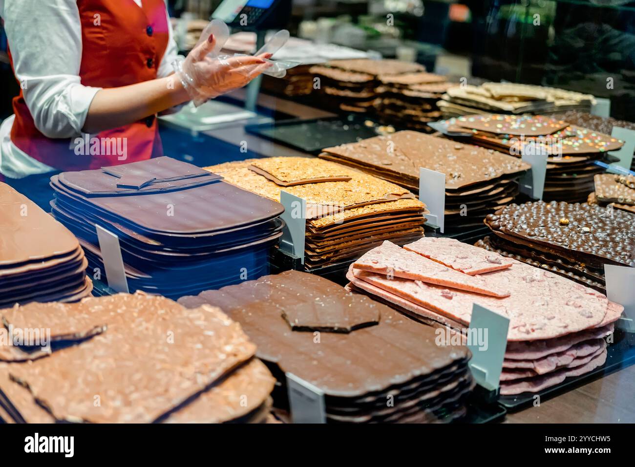 Chocolate slabs on display in confectionery shop. Concept of artisanal ...