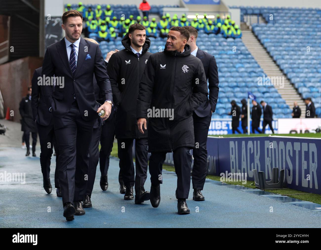 Rangers goalkeeper Jack Butland (left) and James Tavernier arriving ...
