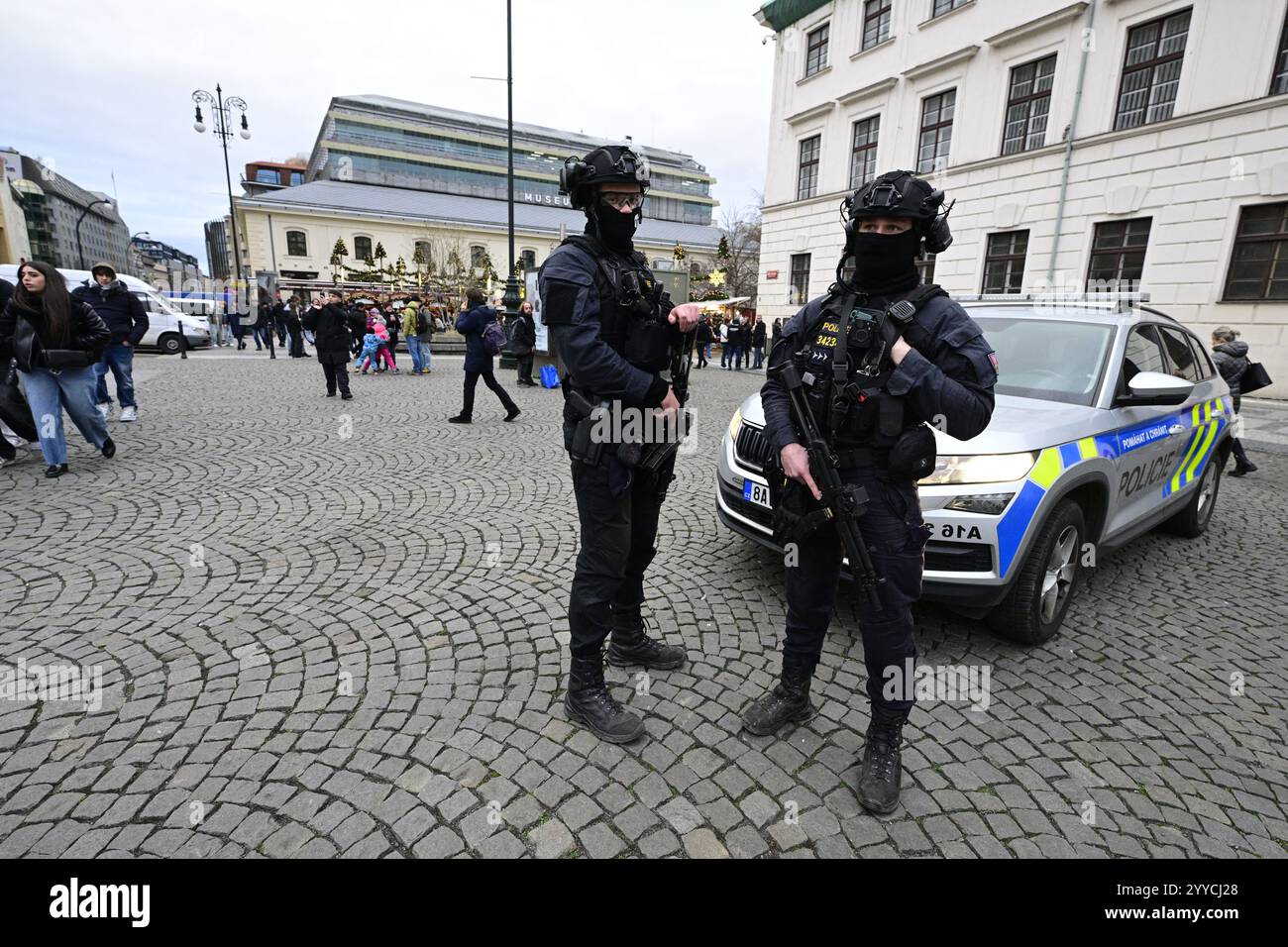 Prague, Czech Republic. 21st Dec, 2024. Police officers patrol near a ...