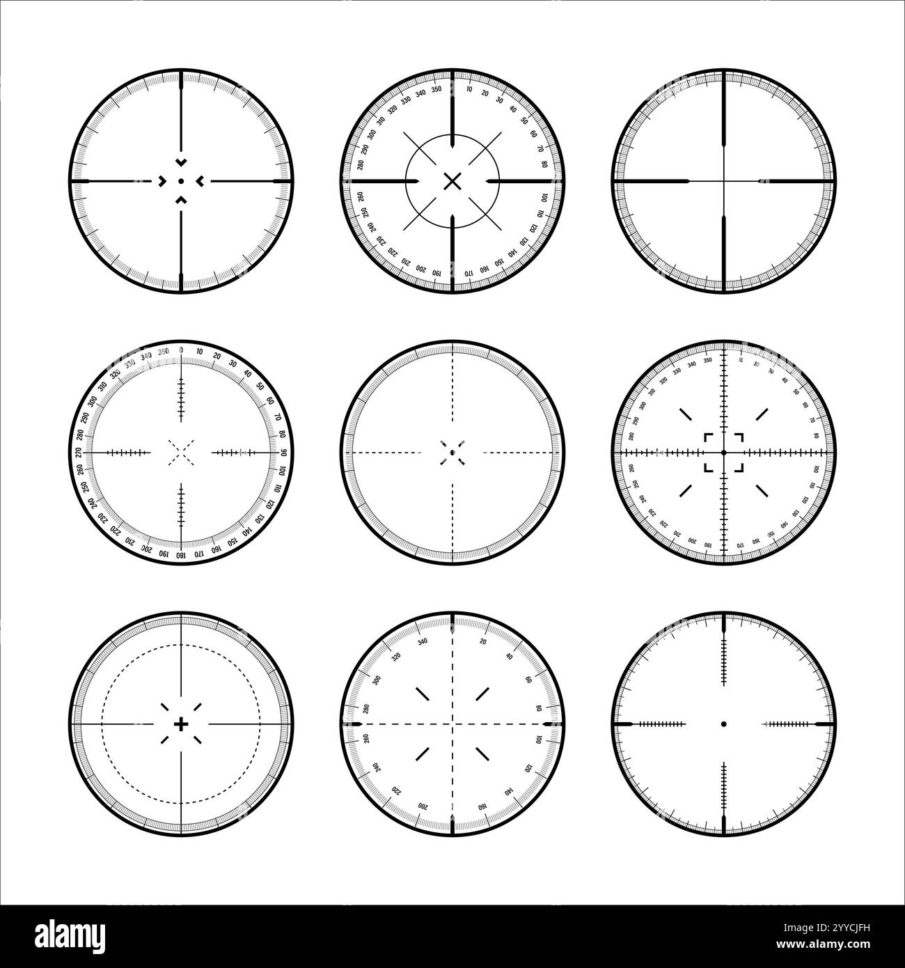 Various sniper rifle sights with degree scale, weapon optical scope ...