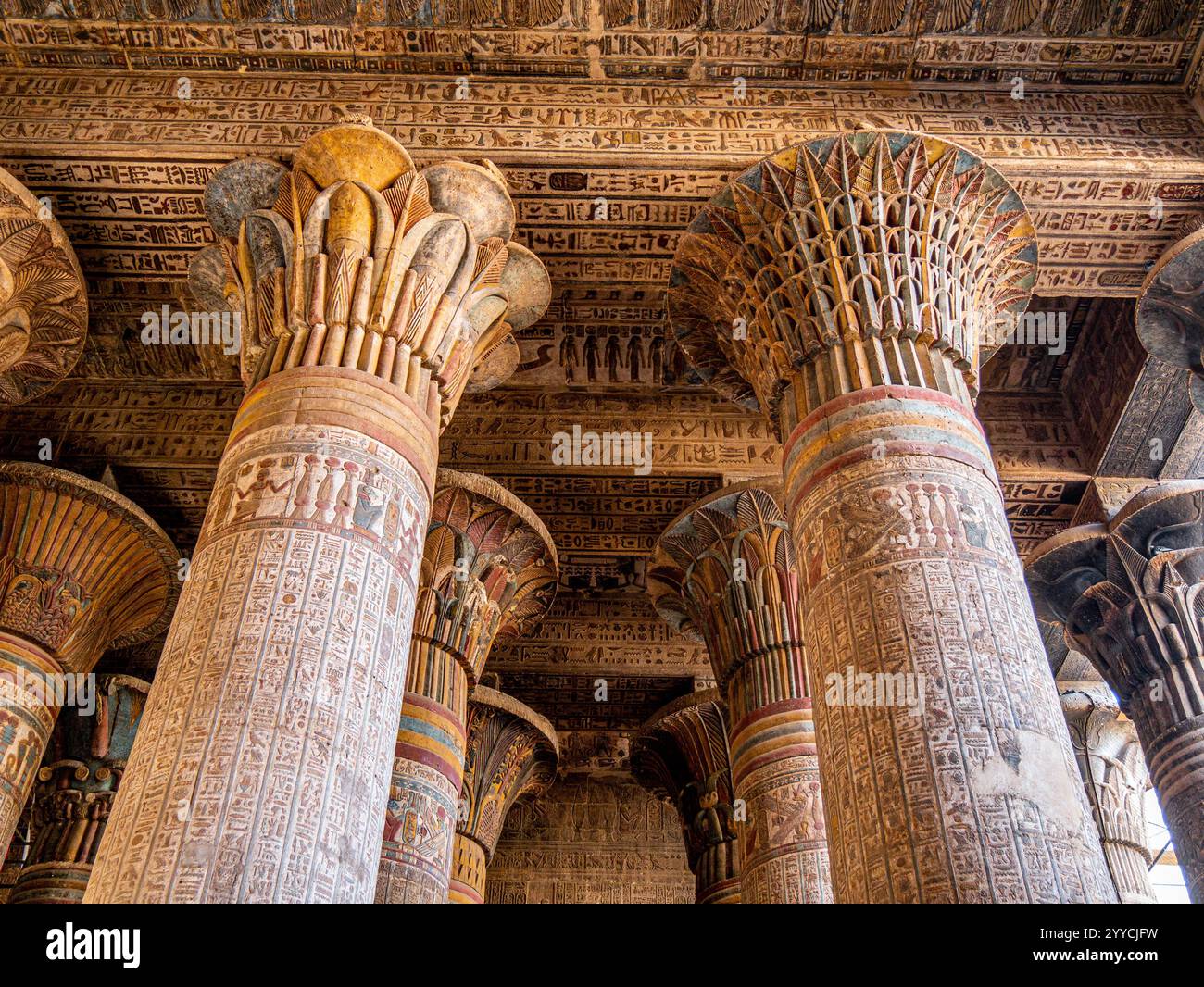 Pillars covered in hieroglyphic inscriptions inside Khnum Temple in ...