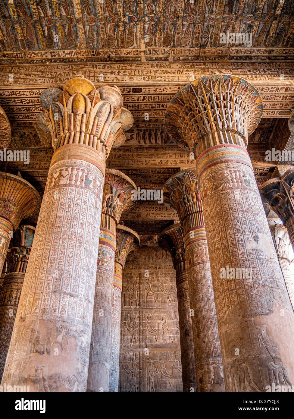 Pillars covered in hieroglyphic inscriptions inside Khnum Temple in ...