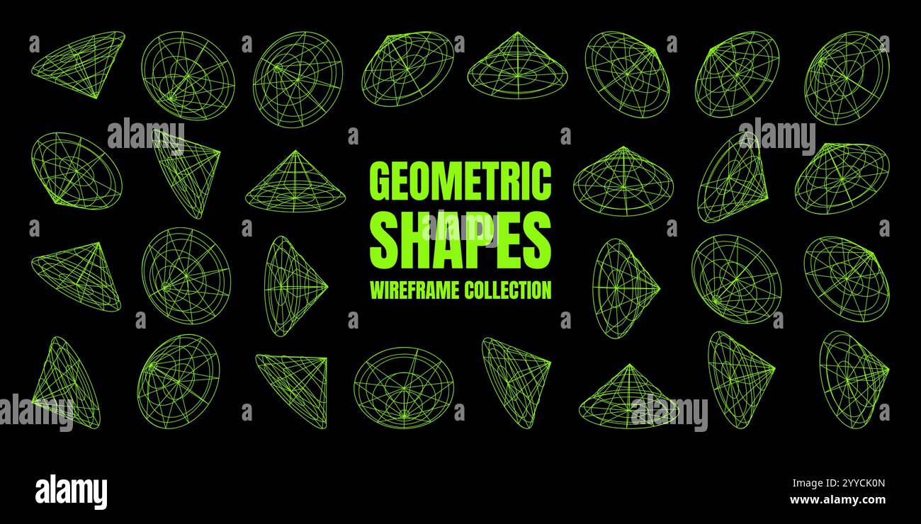Wireframe lined shapes. Perspective mesh, 3d grid. Low poly geometric ...