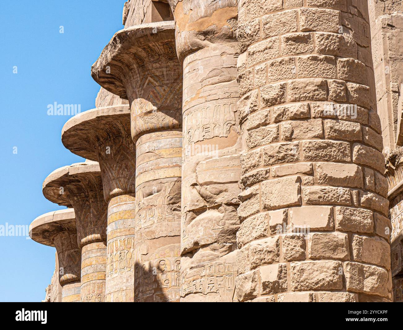Upper section close-up of a set of pillars in Karnak Temple, Luxor ...