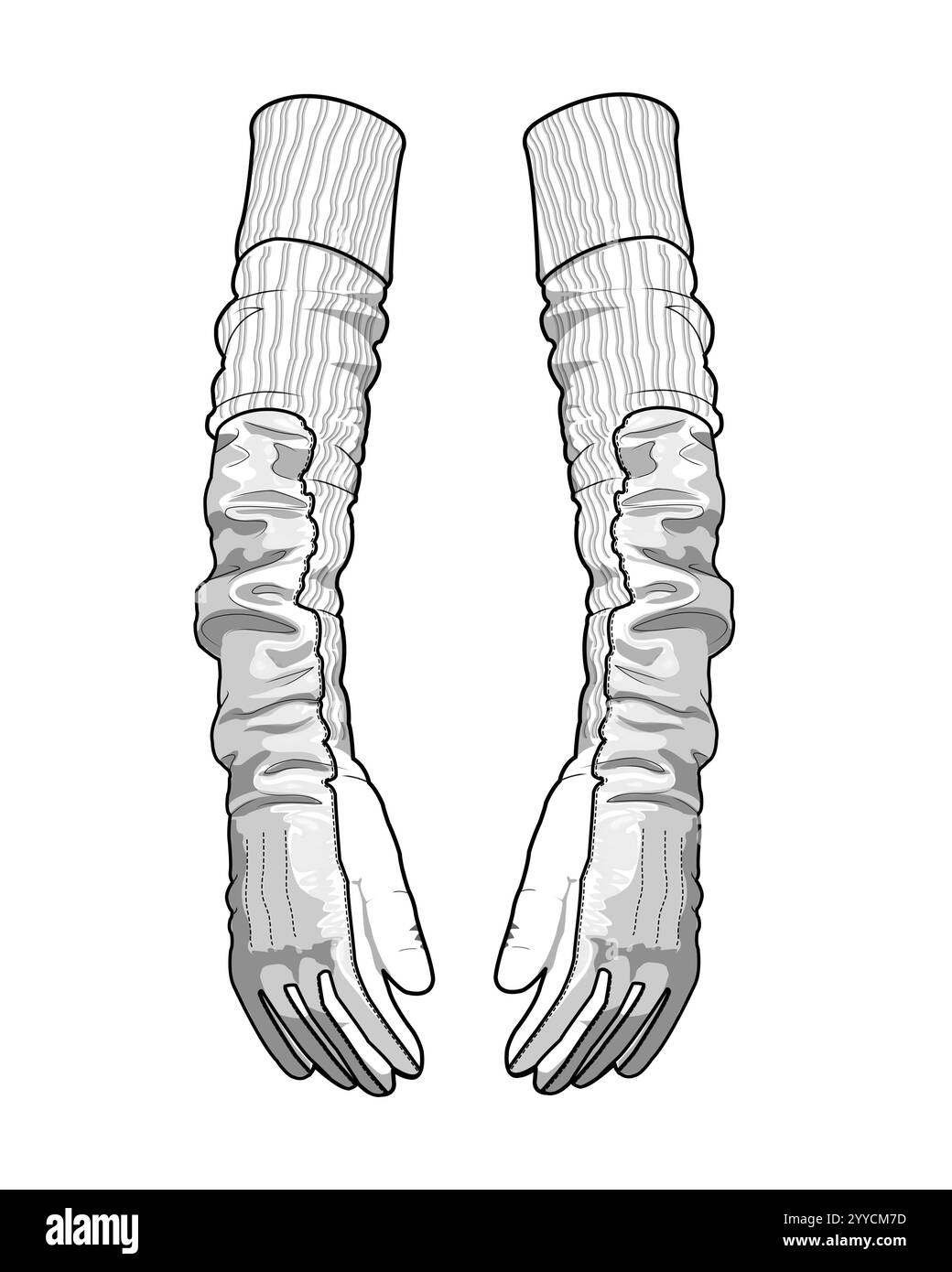 Full sleeve knitted hand gloves technical flat sketch vector mockup ...