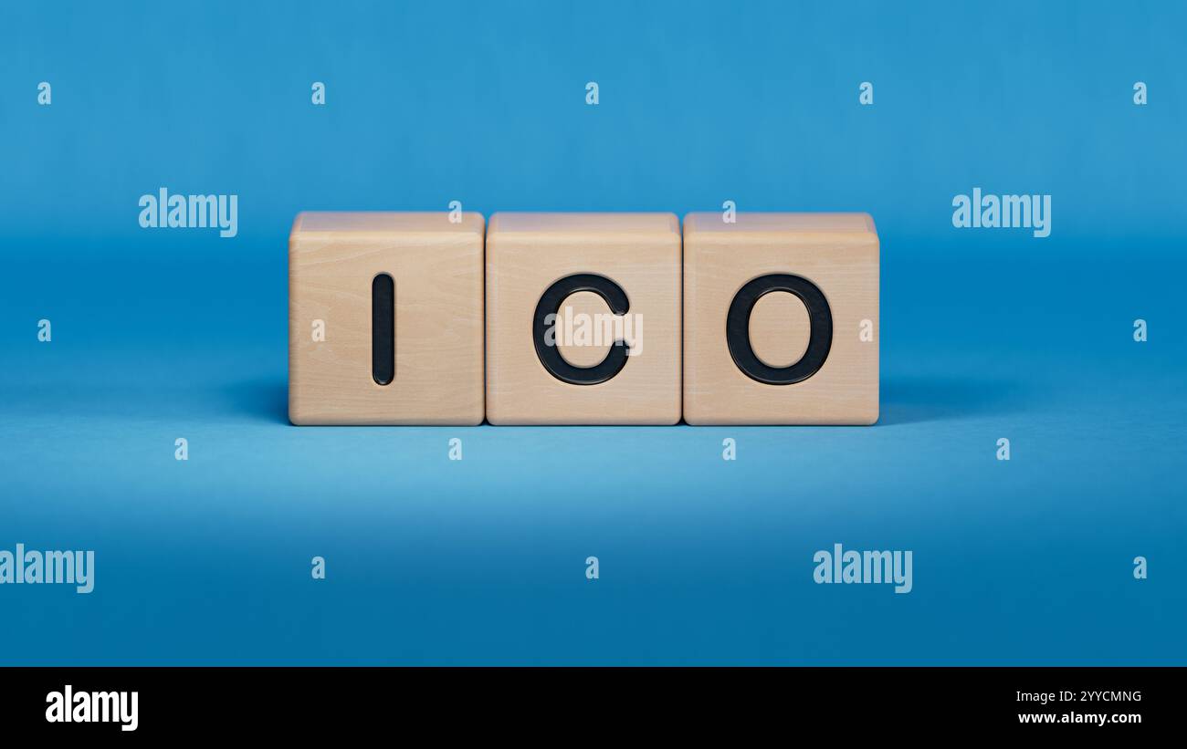 letters of the alphabet of ICO on wooden cubes. ICO - short for initial ...