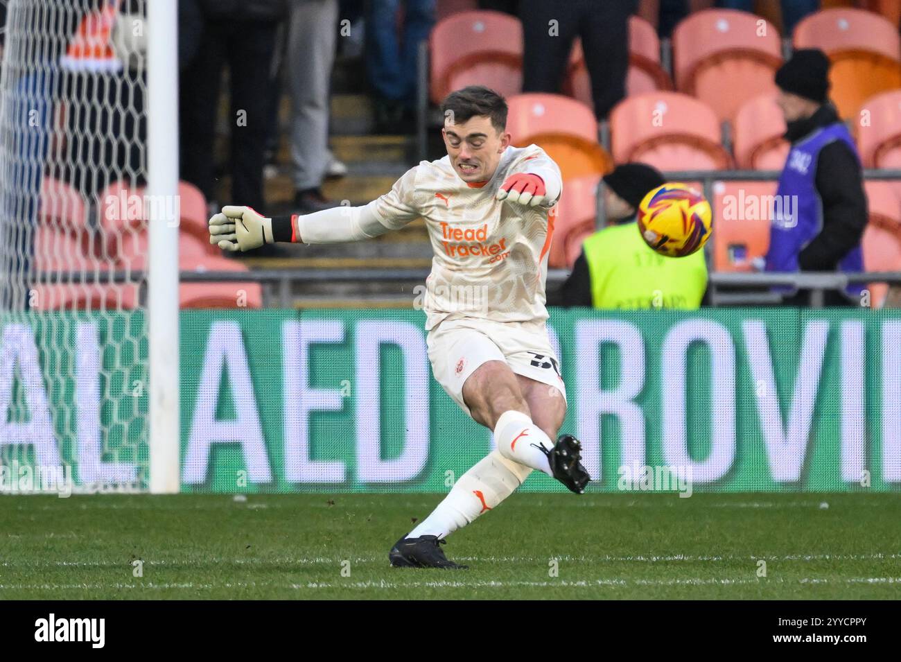 Harry Tyrer of Blackpool clears down field during the Sky Bet League 1 ...