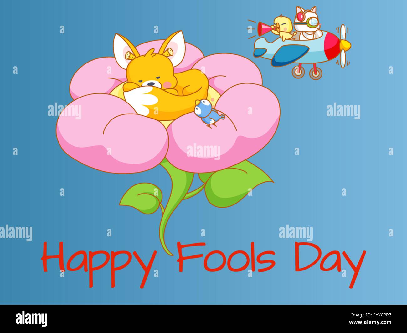 Cartoon of a cat sleeping on a flower with a plane flying above it. The ...