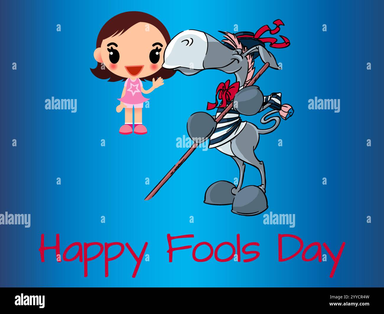 Cartoon of a girl and a donkey with a red ribbon on the donkey's neck ...