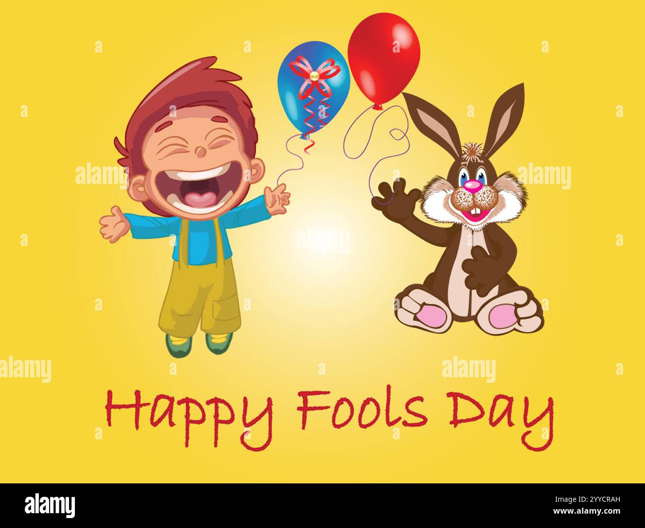 Cartoon of a boy and a rabbit with a balloon. The boy is smiling and ...