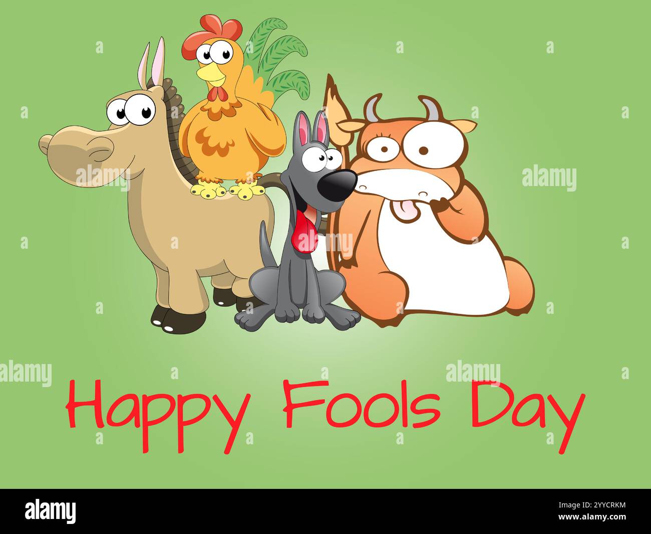 Cartoon of a horse, chicken, dog and cow with the words Happy Fools Day ...