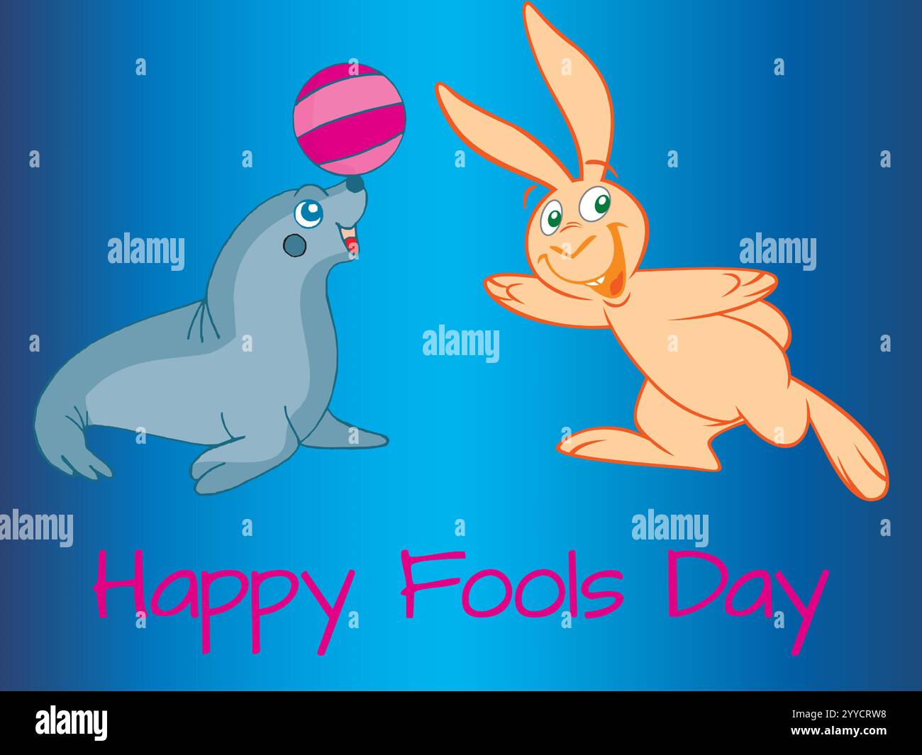 Cute cartoon of a seal and a rabbit playing with a ball on a blue ...