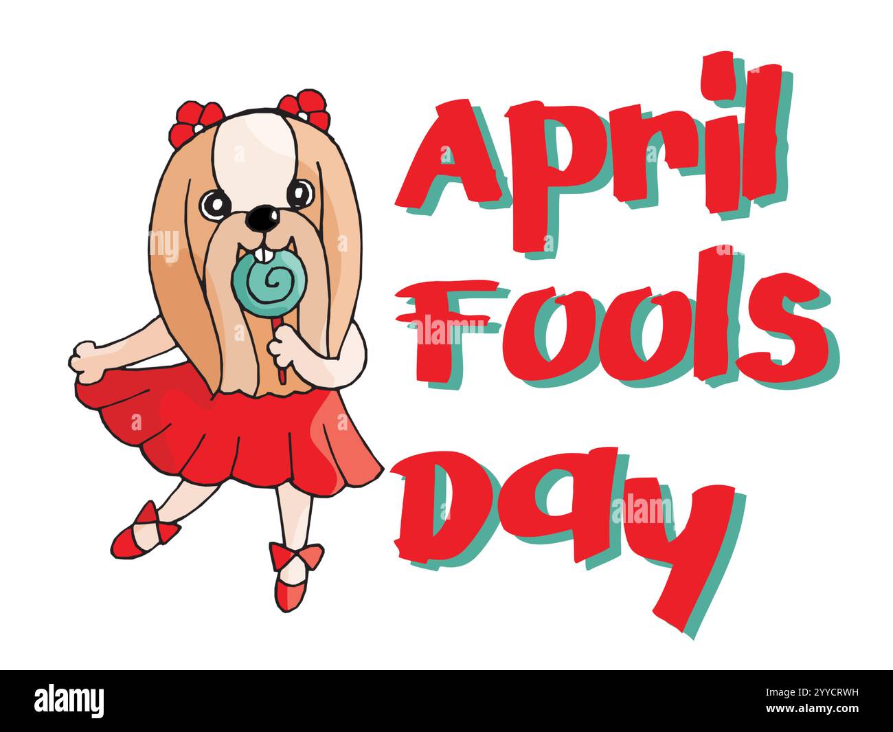 Cartoon dog holding a lollipop on April Fool's Day. The dog is wearing ...