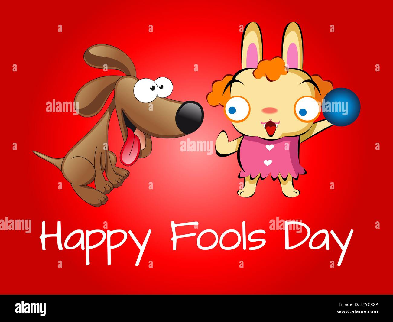 Dog and a rabbit are playing with a ball on a red background. The image ...