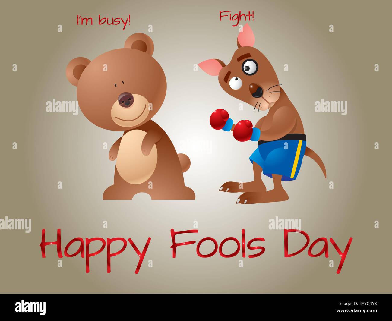 Cartoon of a bear and a kangaroo fighting on a sign that says Happy ...
