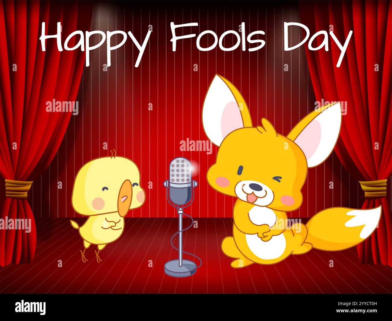 Cartoon of a duck and a fox on a stage with a microphone. The duck is ...