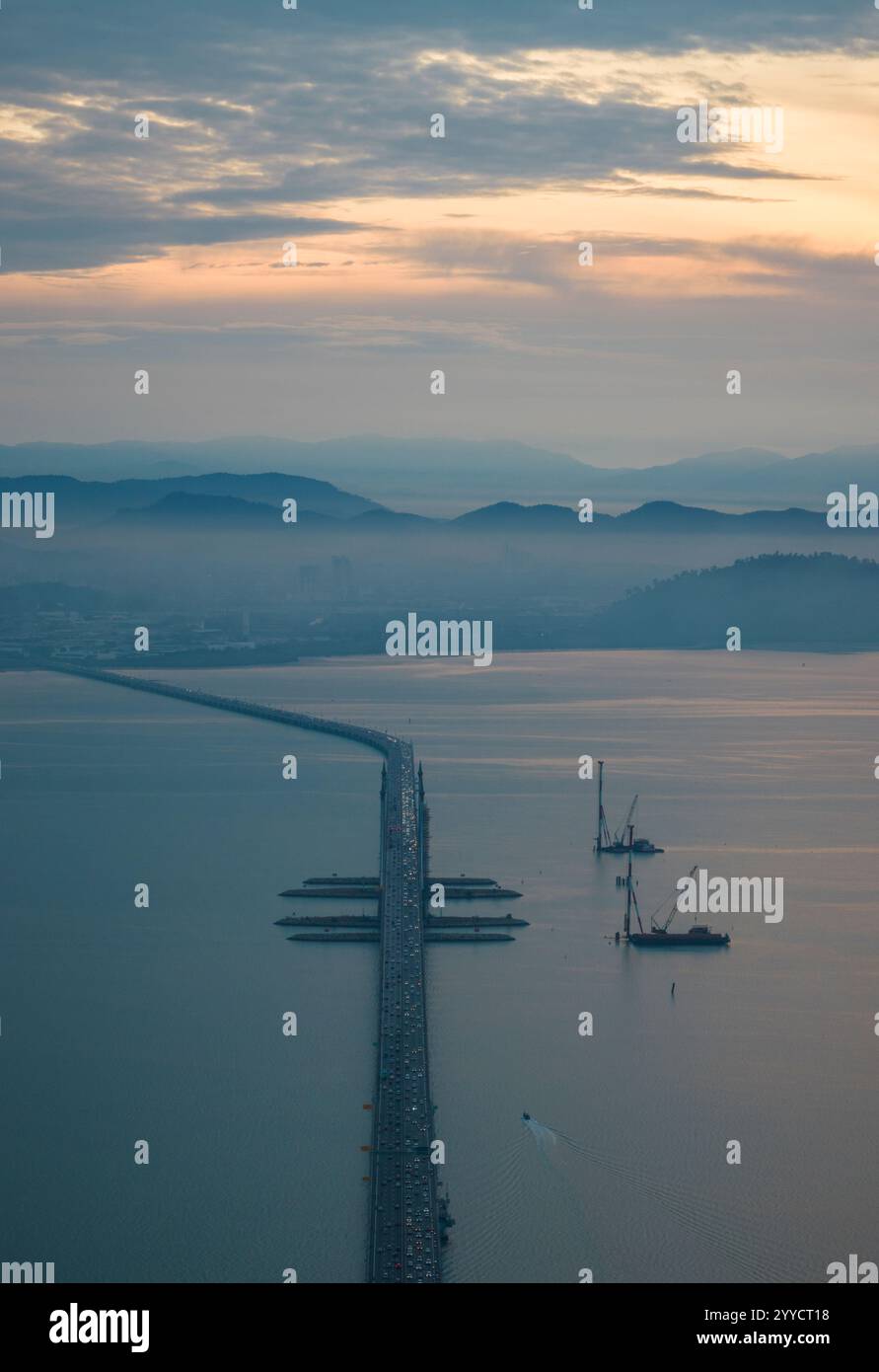 Aerial view of Penang Bridge at dawn, Gelugor, Pulau Pinang, Penang ...