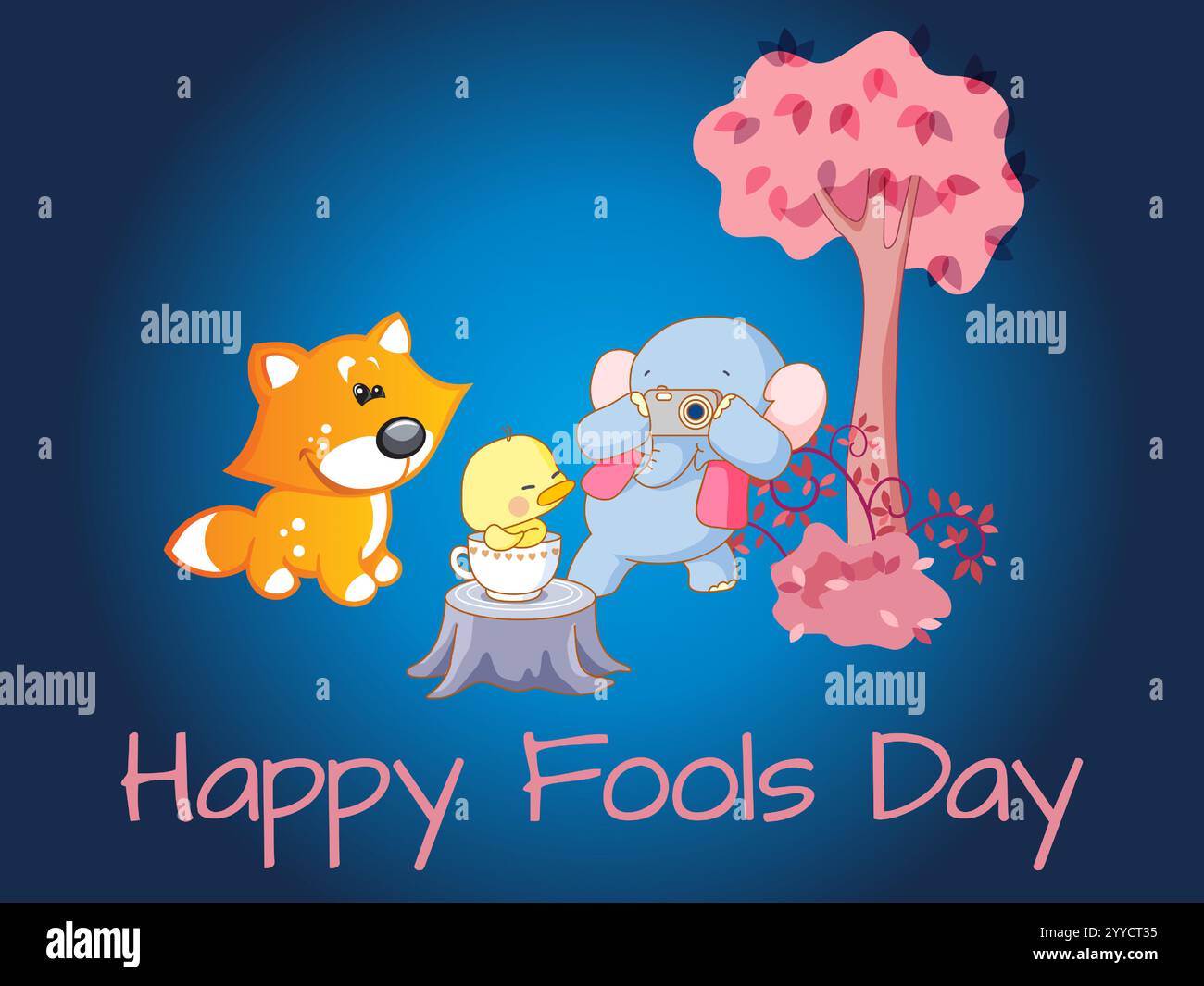 Cartoon of an elephant, a duck and a fox sitting around a tree. The ...