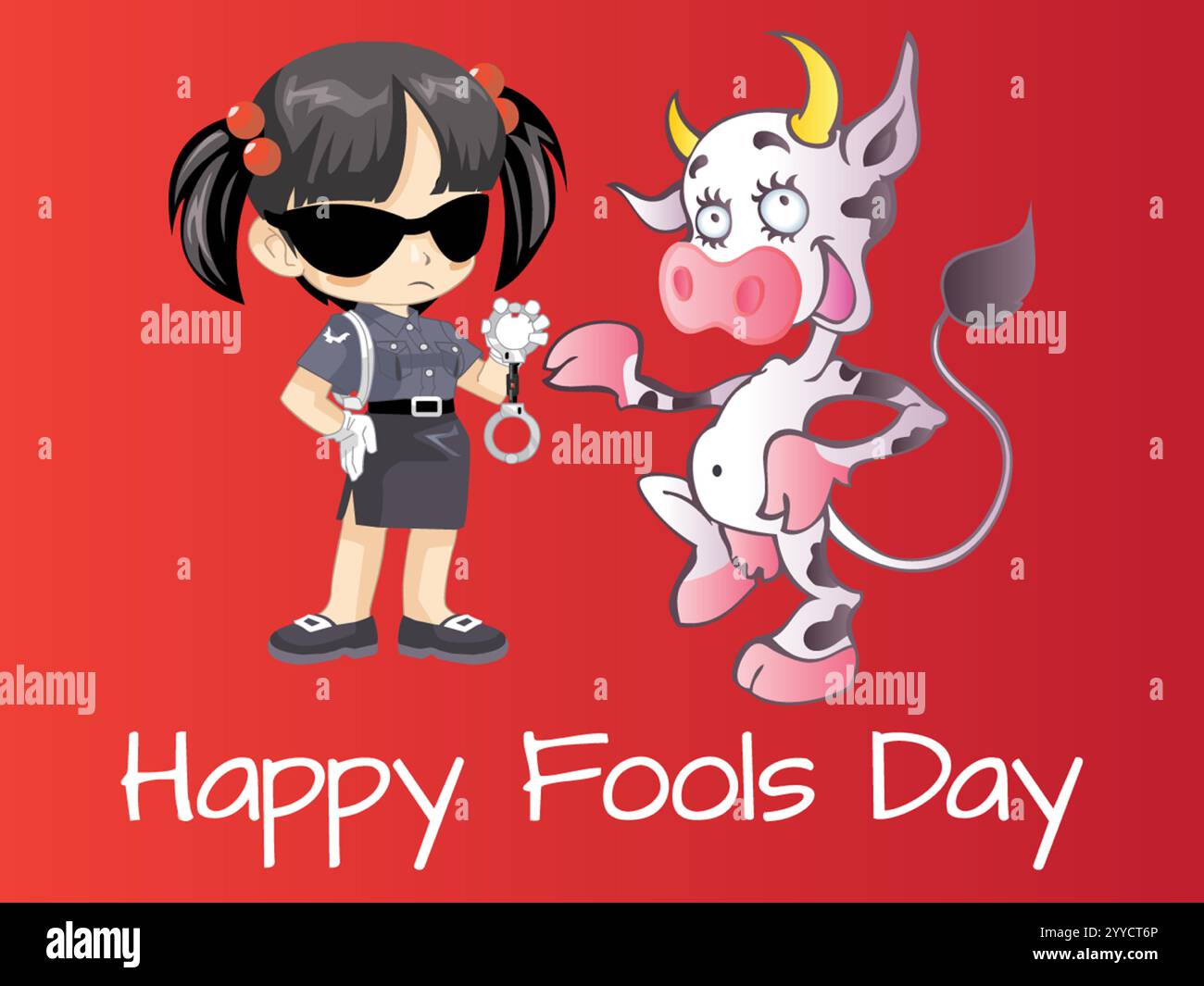 Girl with sunglasses and a cow with a bull horn. The girl is holding a ...